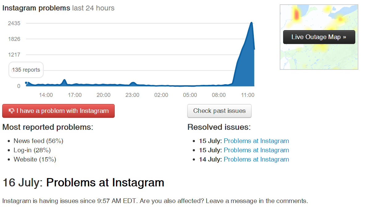 Usuarios reportan problemas con el servicio de Instagram