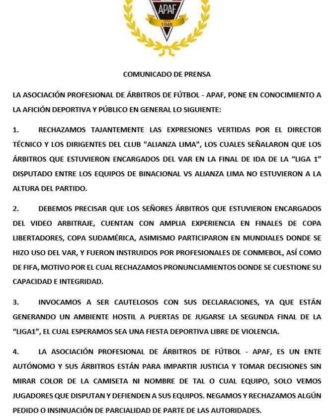 Alianza Lima vs. Binacional: Asociación de Árbitros rechazó las ...