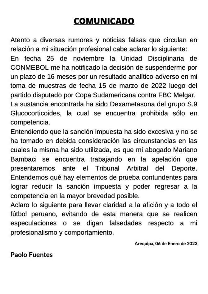 Paolo Fuentes fue suspendido 16 meses por un resultado analítico ...