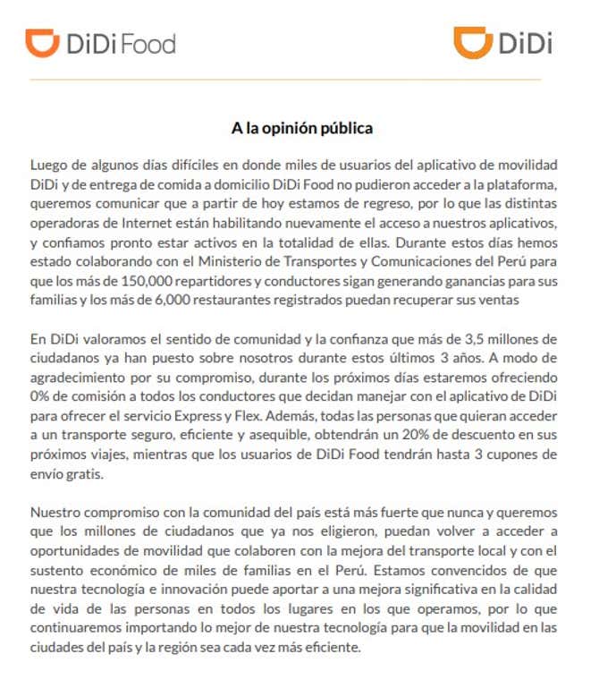 DiDi anuncia que se levantó bloqueo a sus aplicativos y usuarios ya ...