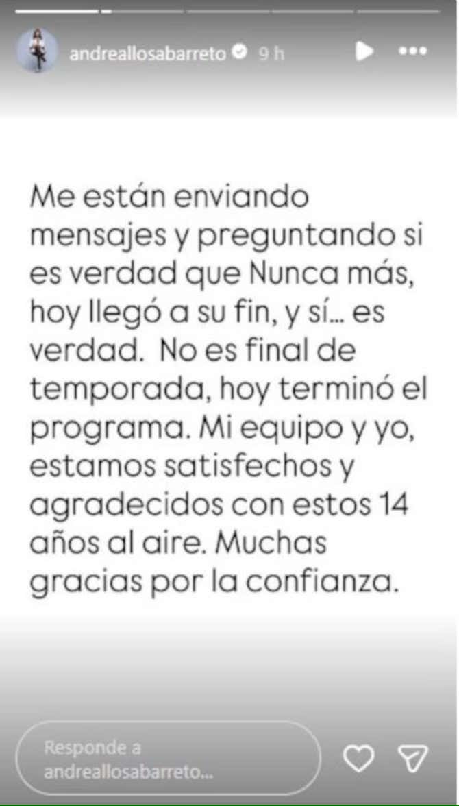 Nunca más: Andrea Llosa anuncia el fin del programa tras 14 años en la ...